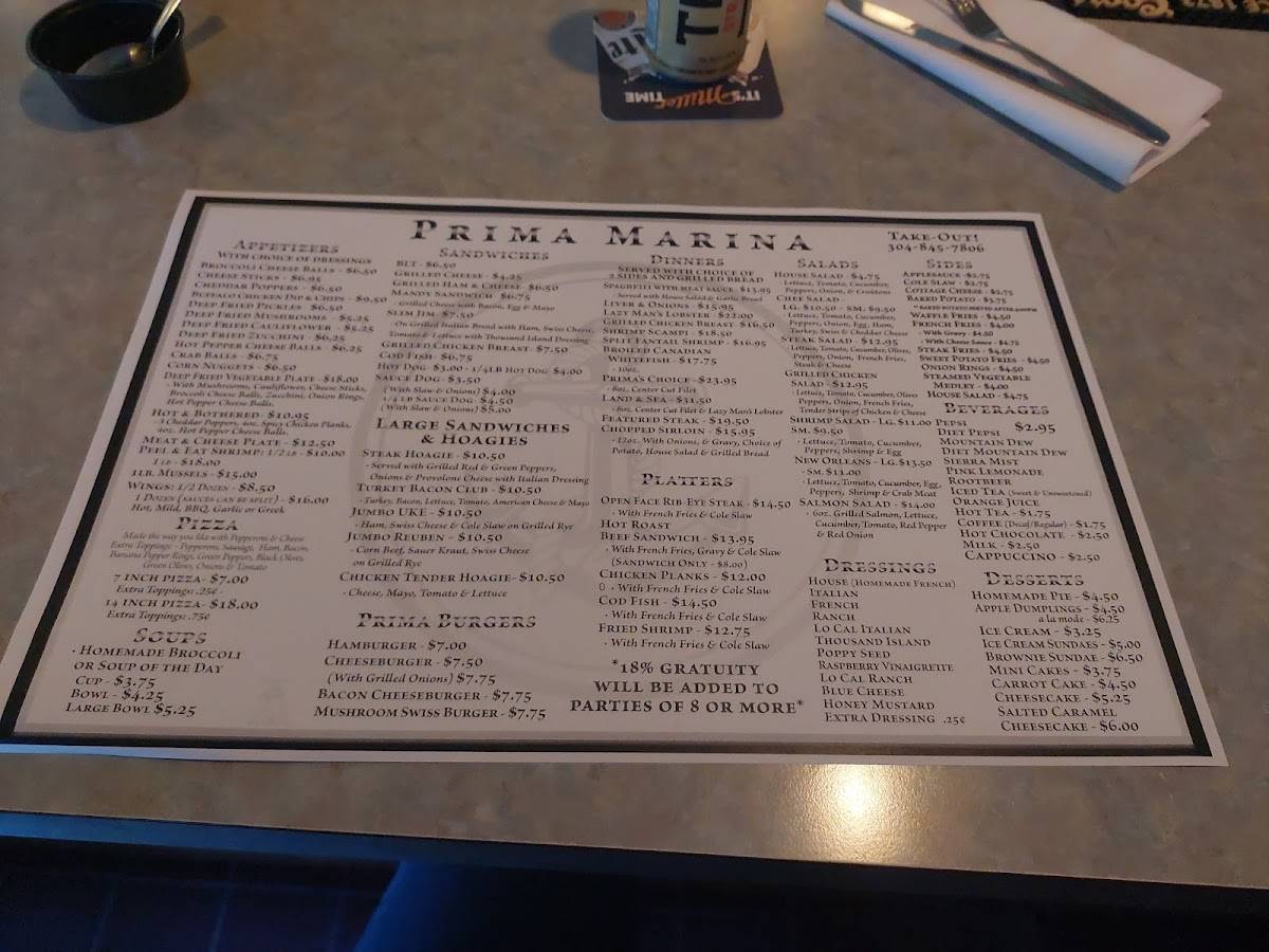 Menu at Prima Marina Incorporated restaurant, Moundsville