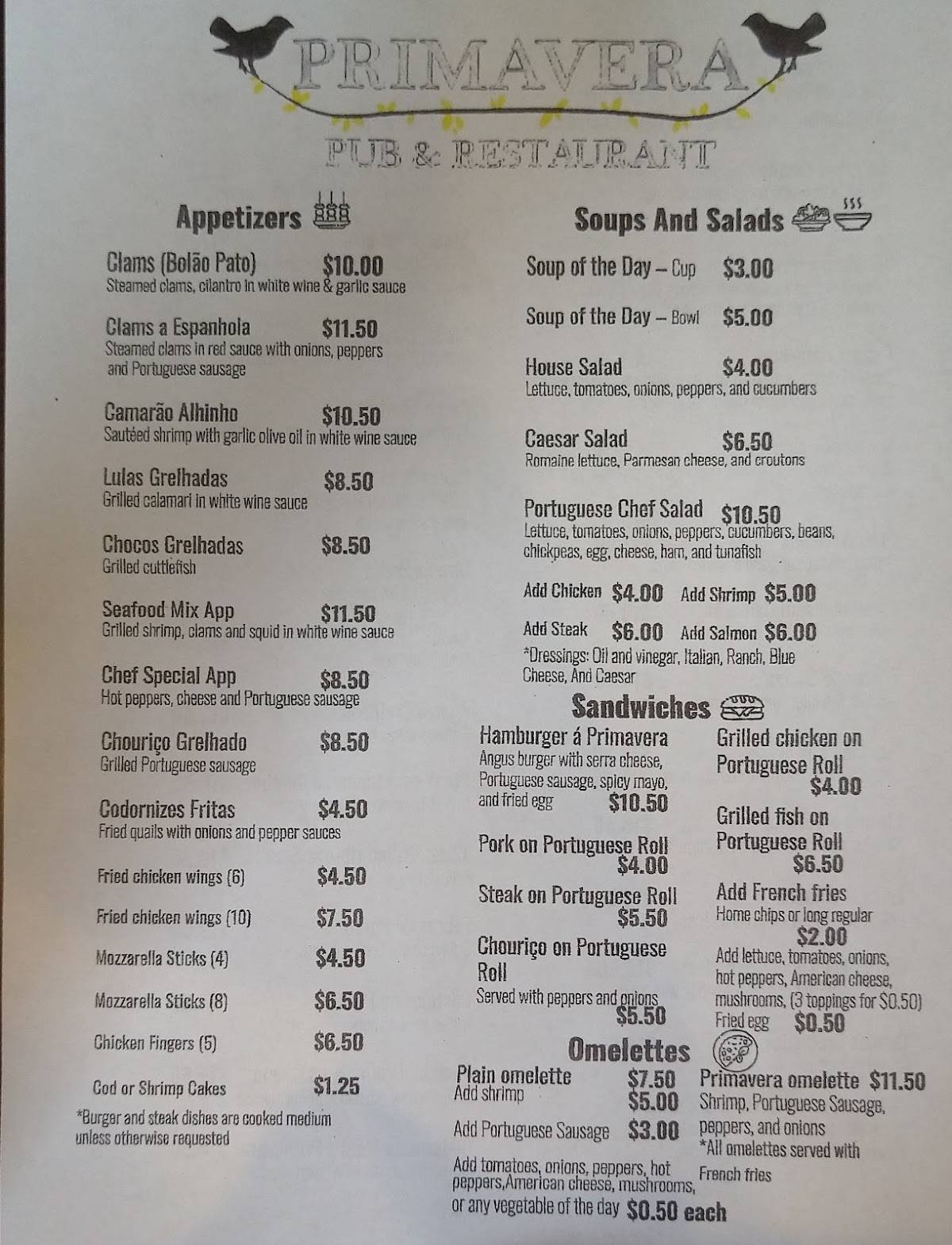 Menu at Primavera Pub, Hartford