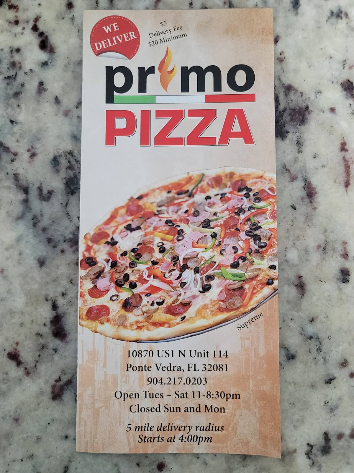 Menu at Primo Pizza pizzeria, Palm Valley