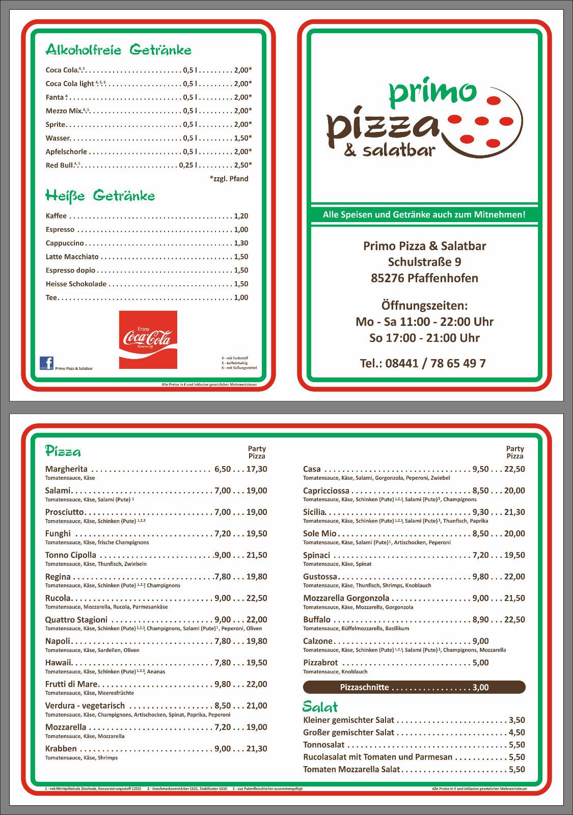 Speisekarte von Primo Pizza- & Salatbar, Pfaffenhofen an der Ilm