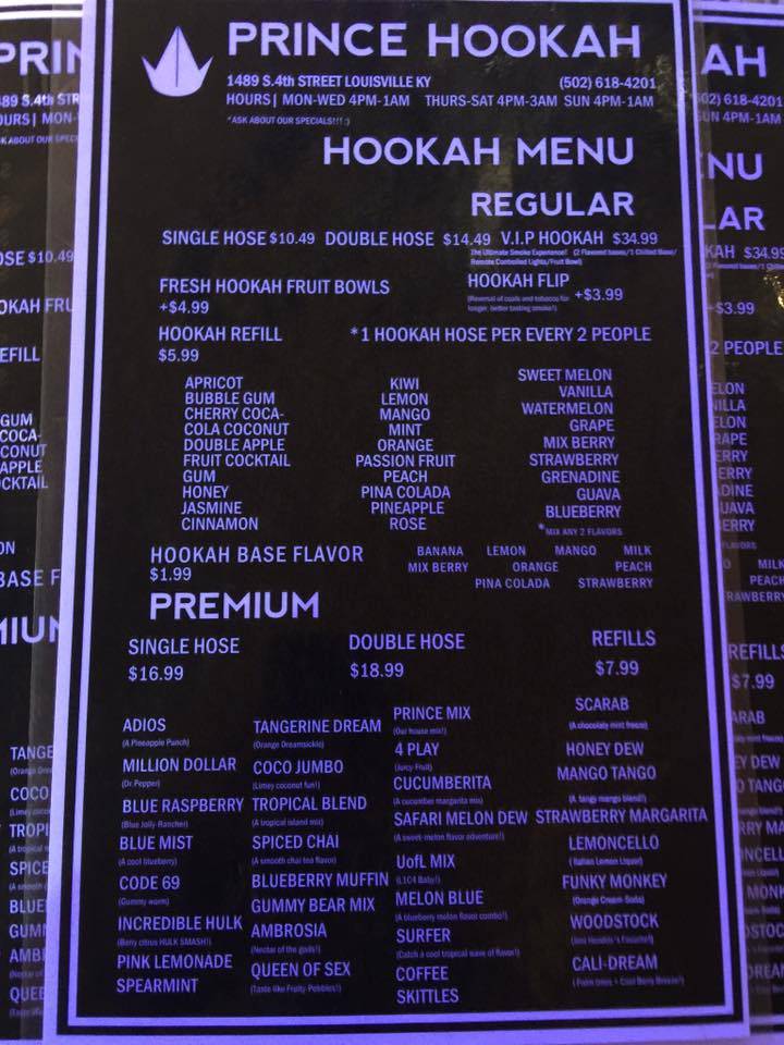 Menu at Prince Hookah Lounge of Louisville pub & bar, Louisville