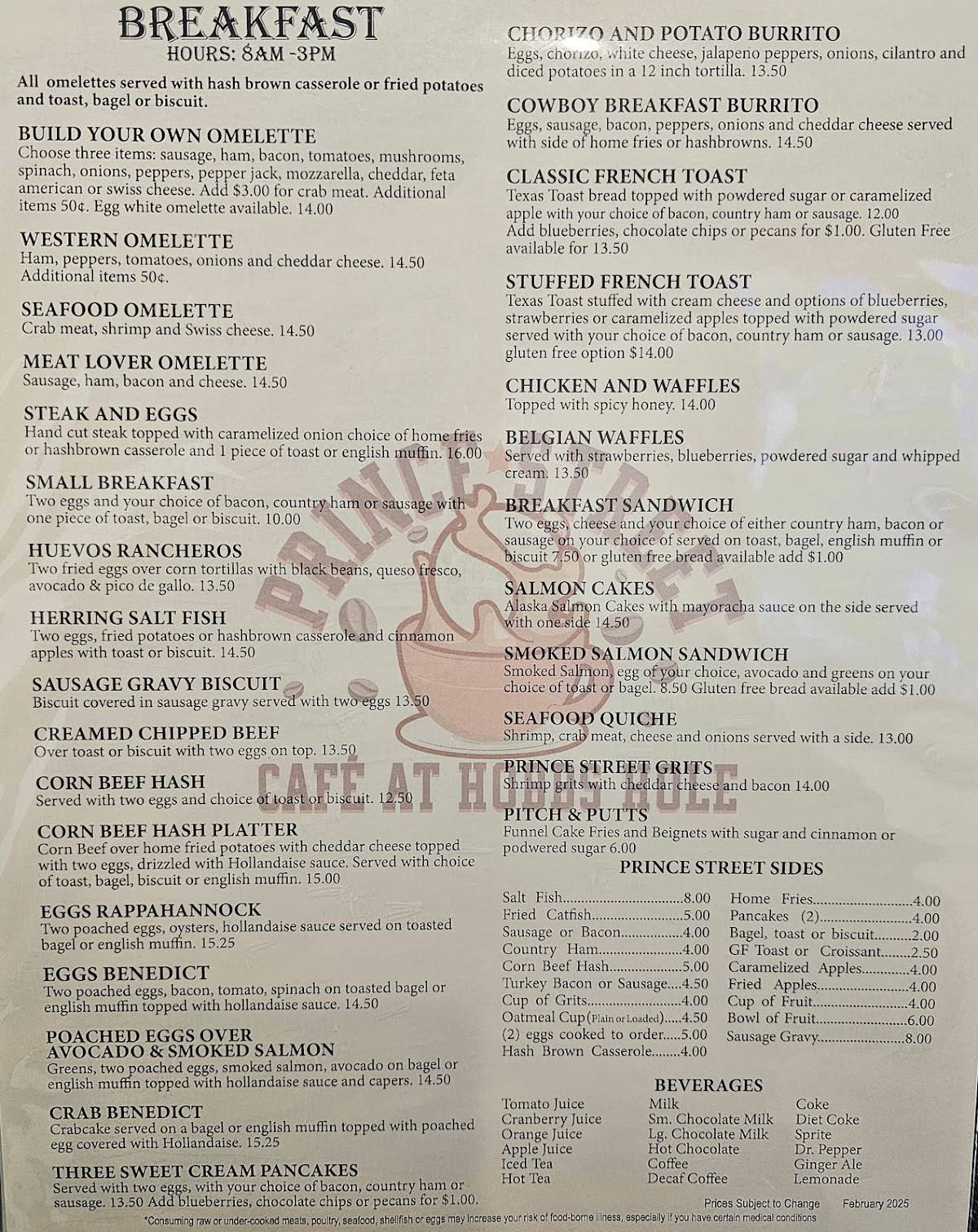 Menu at Prince Street Café at Hobbs Hole cafe, Tappahannock