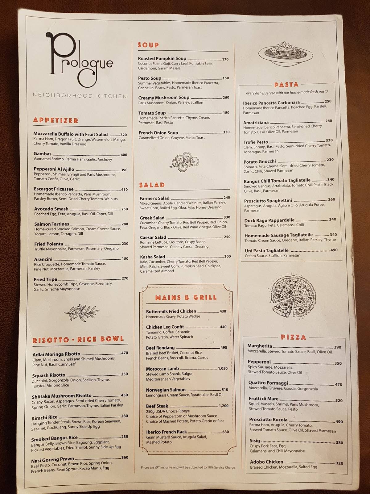 Menu at Prologue QC restaurant, Quezon City