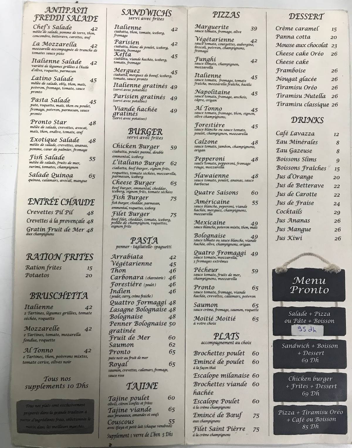 Menu au PRONTO Marina, Casablanca restaurant, Casablanca