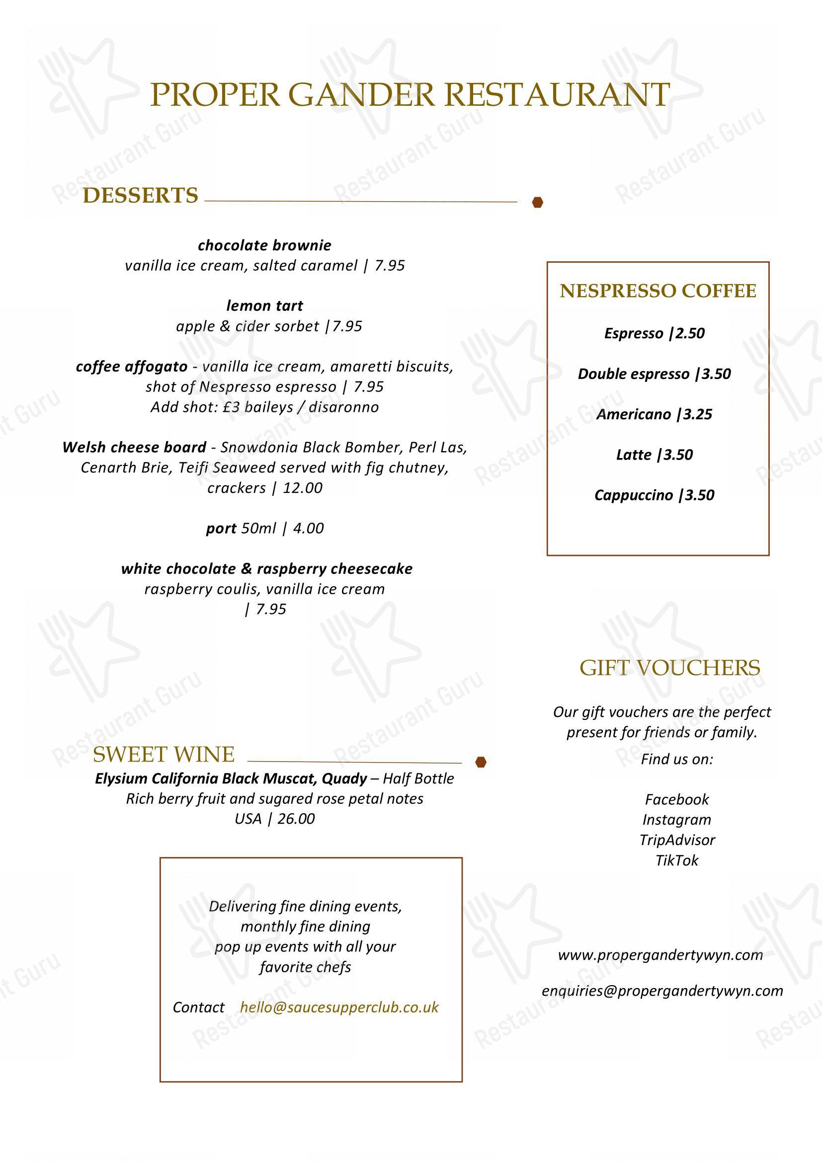 Menu at Proper Gander restaurant, Tywyn