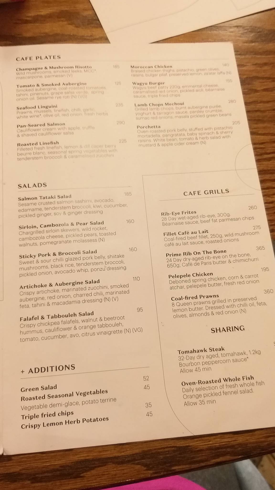 Menu at PROUD MARY restaurant, Johannesburg, The Bank