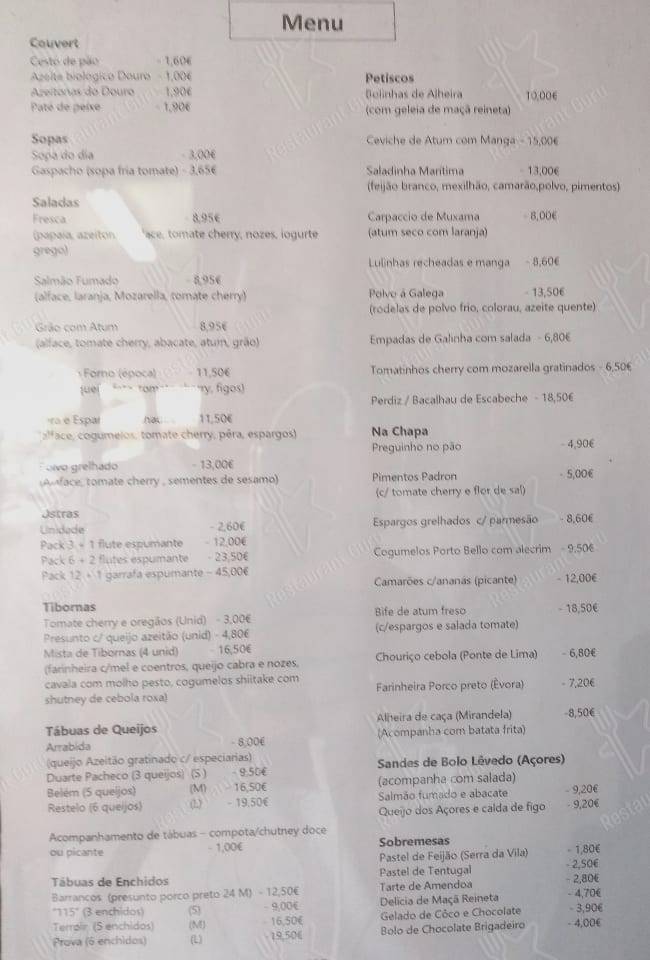 Menu at Prova-Enoteca restaurant, Lisbon