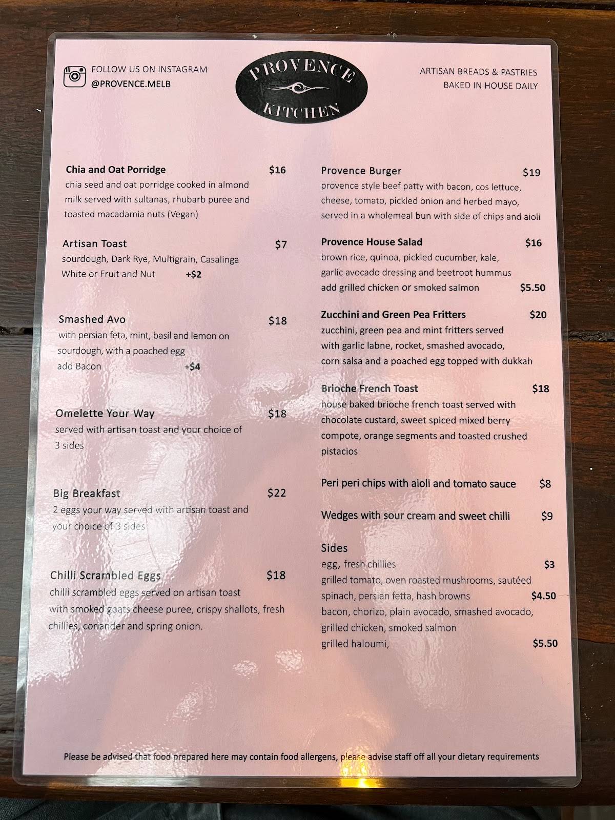 Menu at Provence Kitchen/Bakery Cafe, Hawthorn