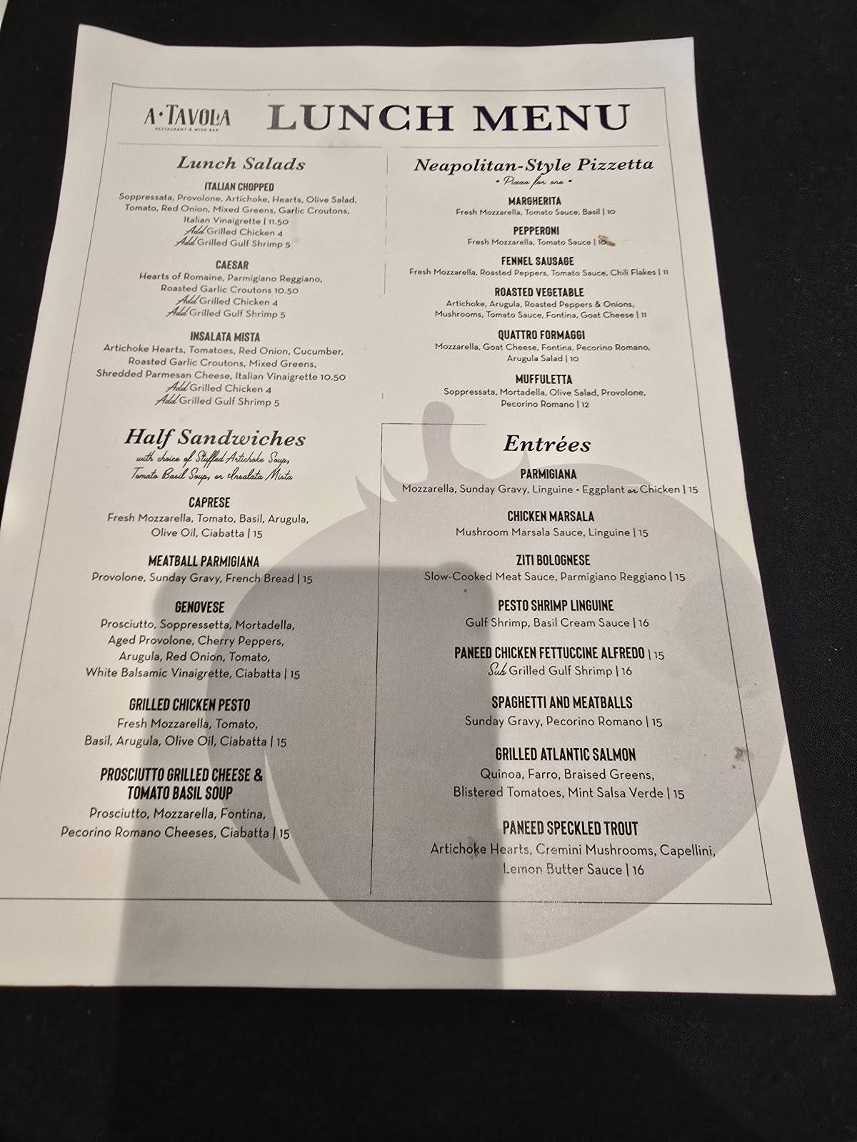 Menu at A Tavola Restaurant & Wine Bar, Metairie
