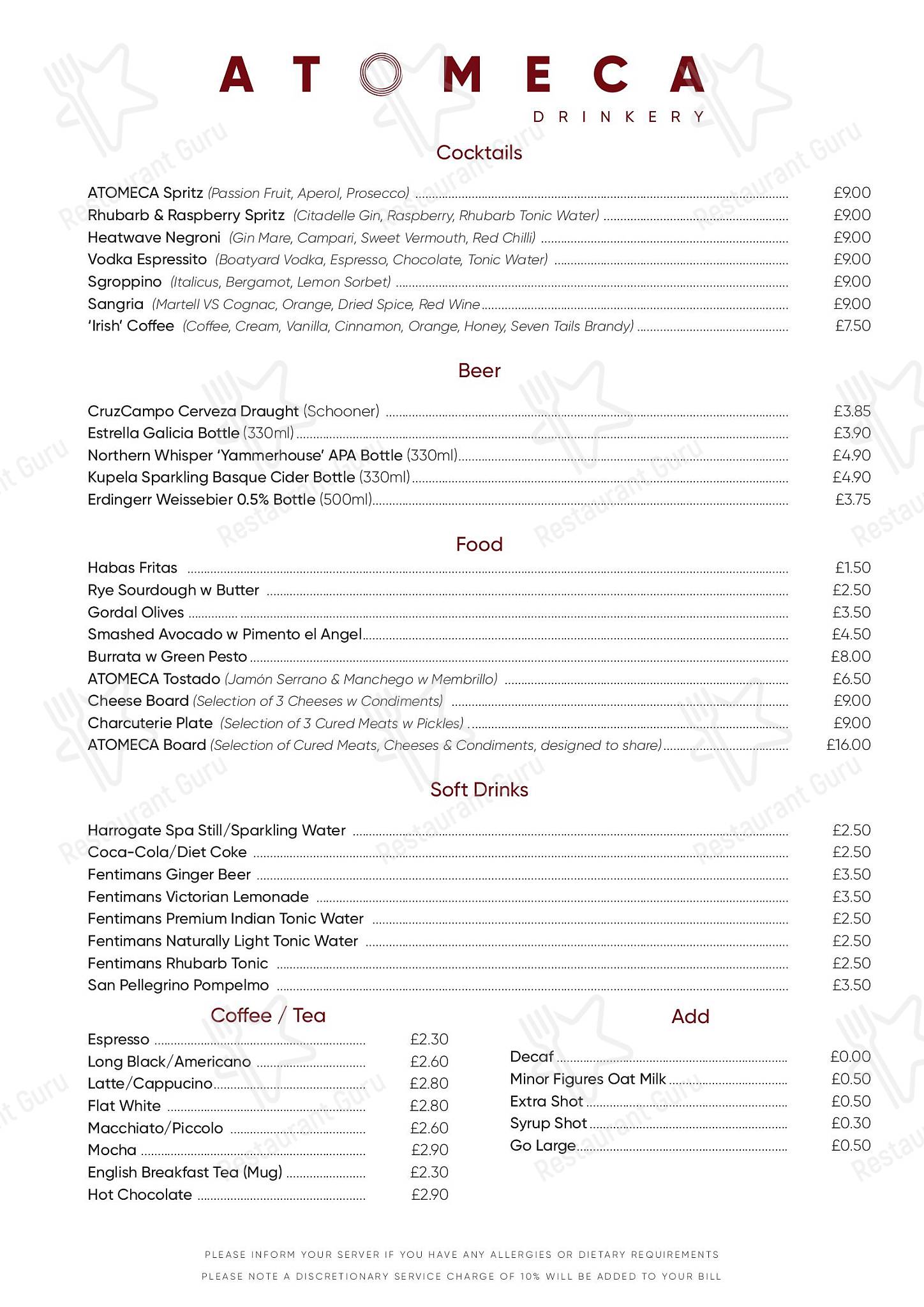 Menu at Atomeca pub & bar, Manchester