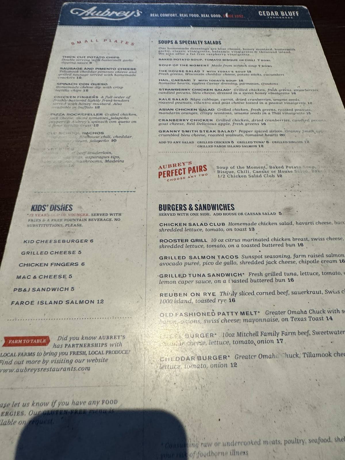Menu at Aubrey's Cedar Bluff pub & bar, Knoxville, Middlebrook Pike
