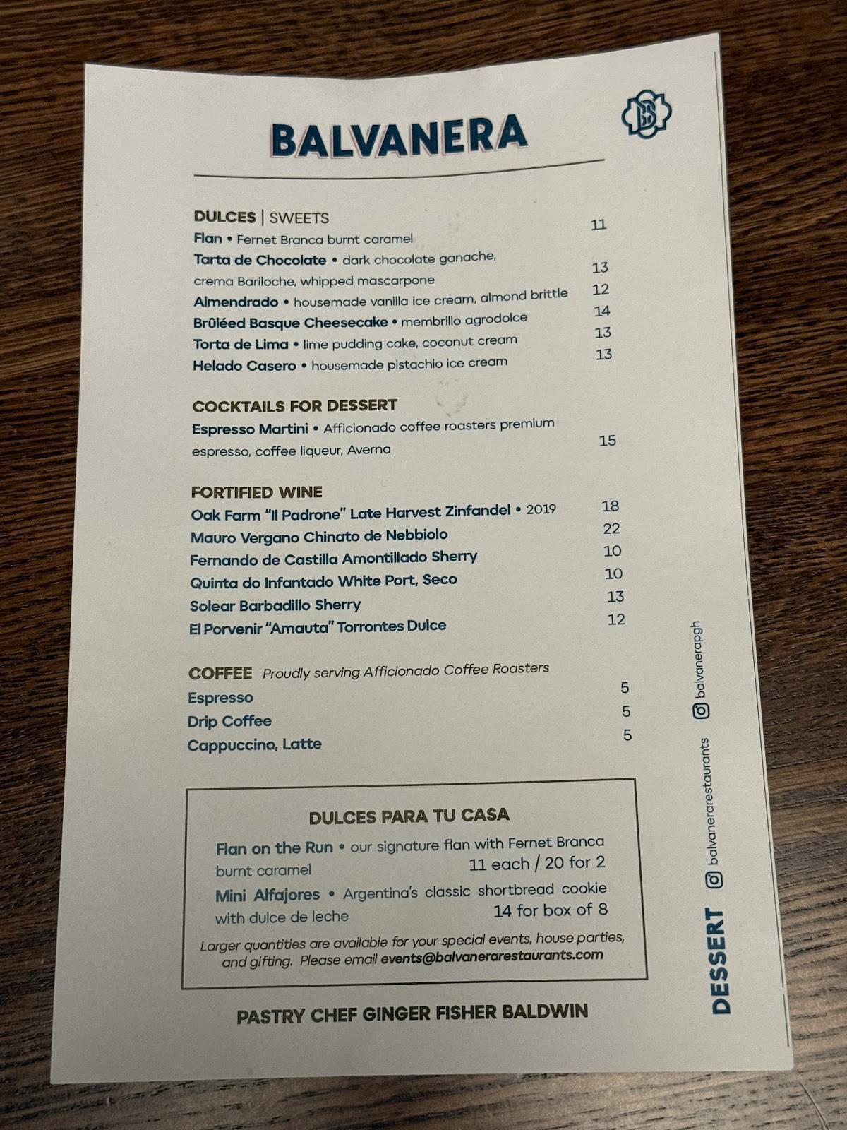 Menu at BALVANERA pub & bar, Pittsburgh