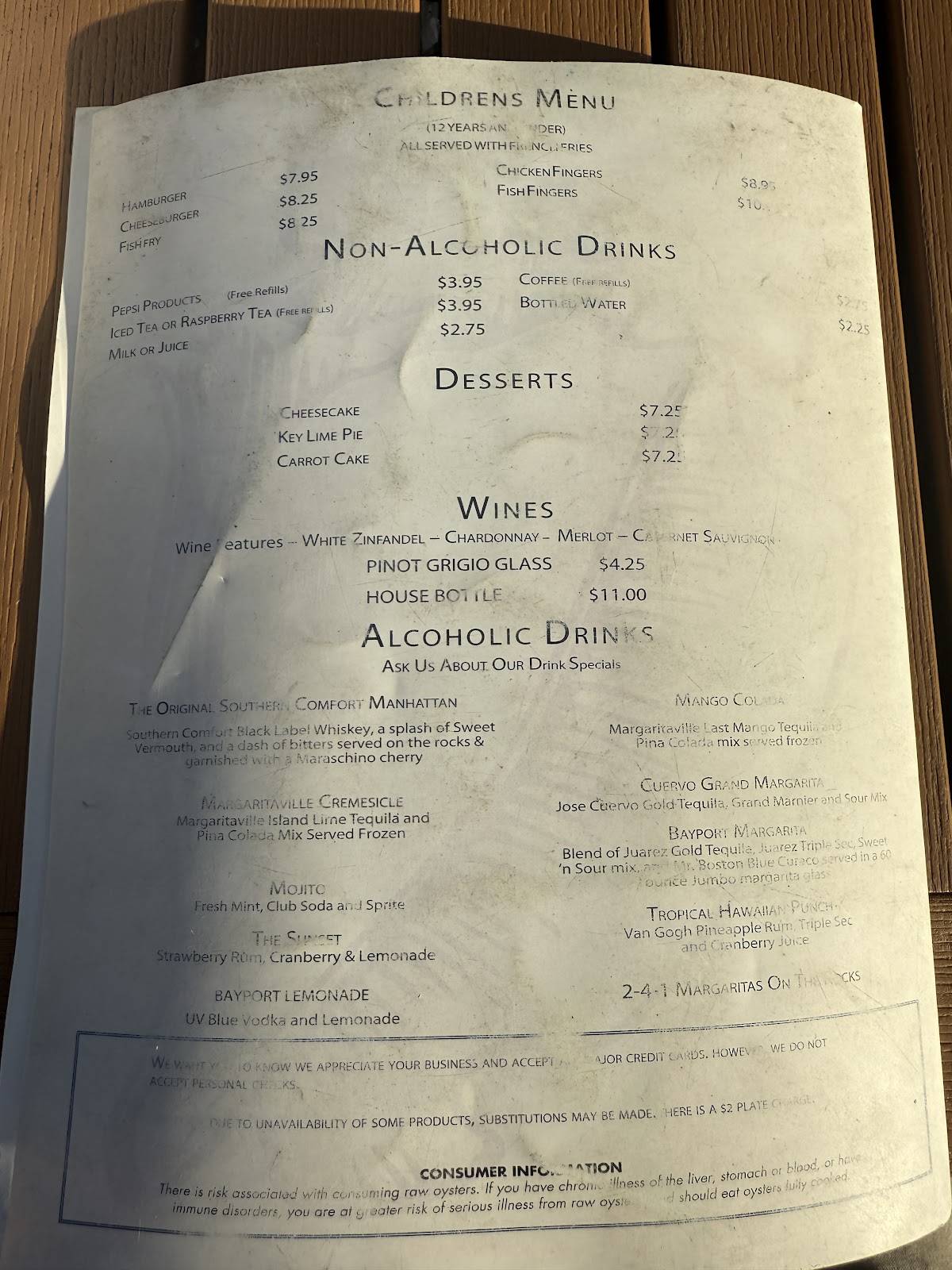 Menu at Bayport Inn pub & bar, Spring Hill, Cortez Blvd