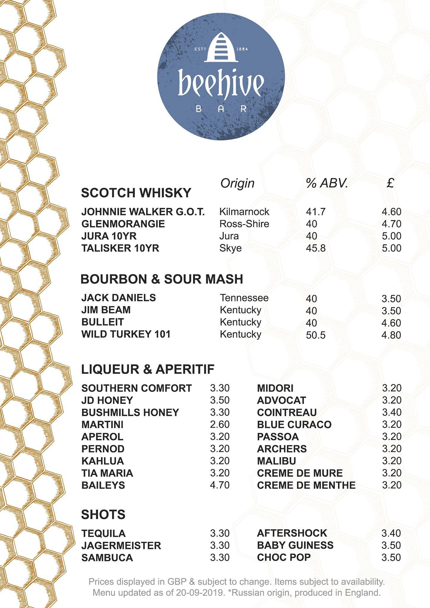 Menu at Beehive Bar, Lurgan