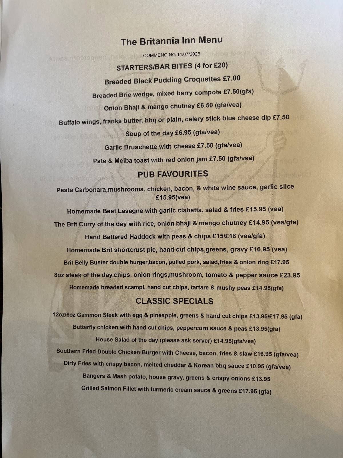 Menu at Britannia Inn Halkyn pub & bar, Holywell
