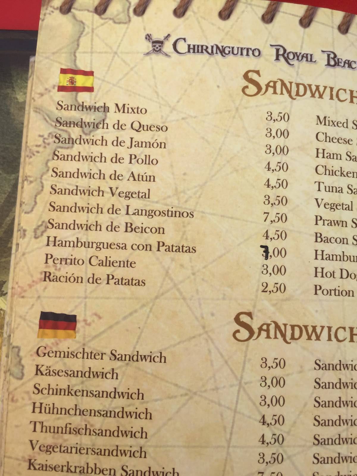 Menu at Chiringuito Royal Beach Pirata pub & bar, Marbella