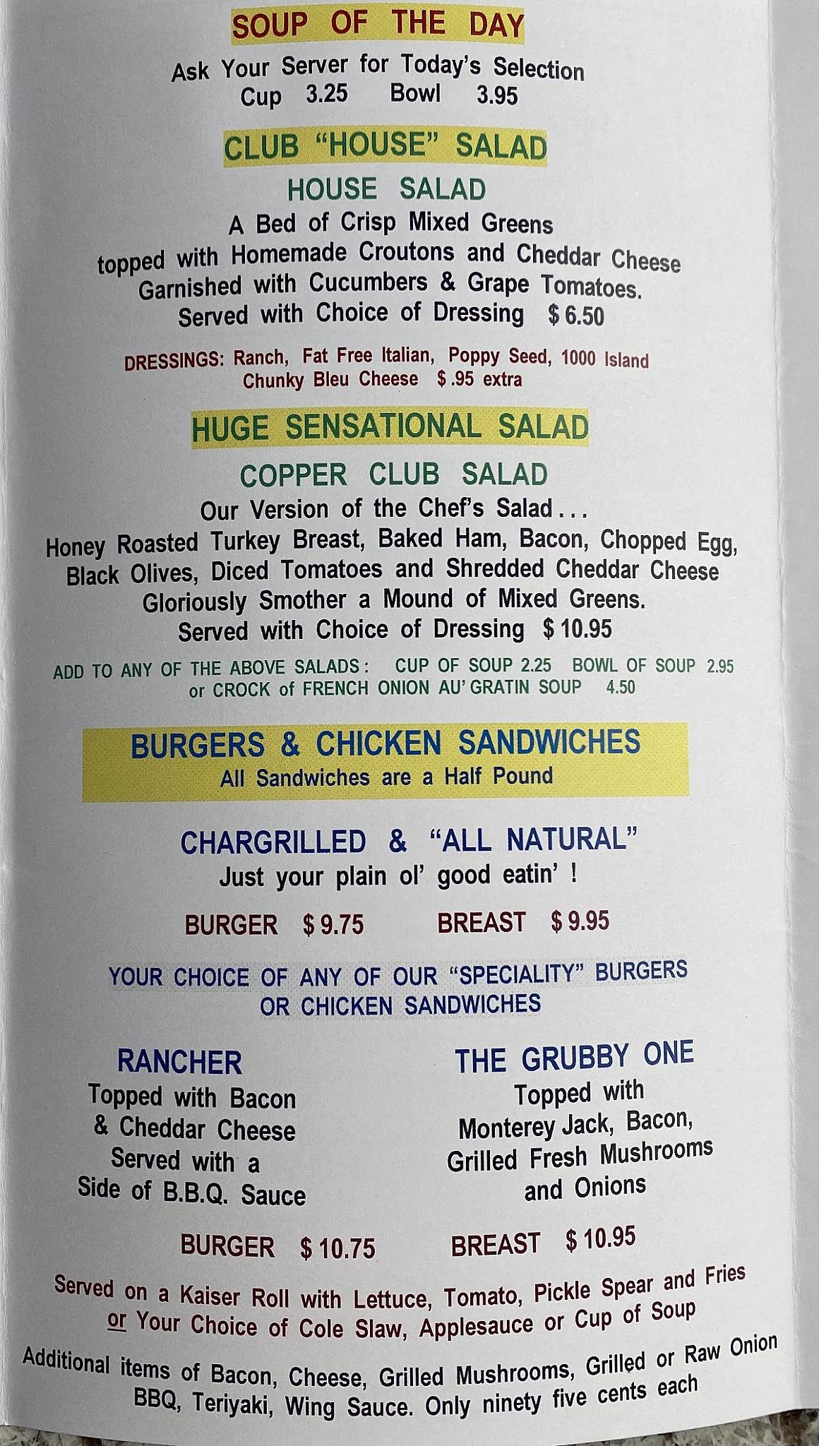 Menu at Clubhouse, Parma Heights