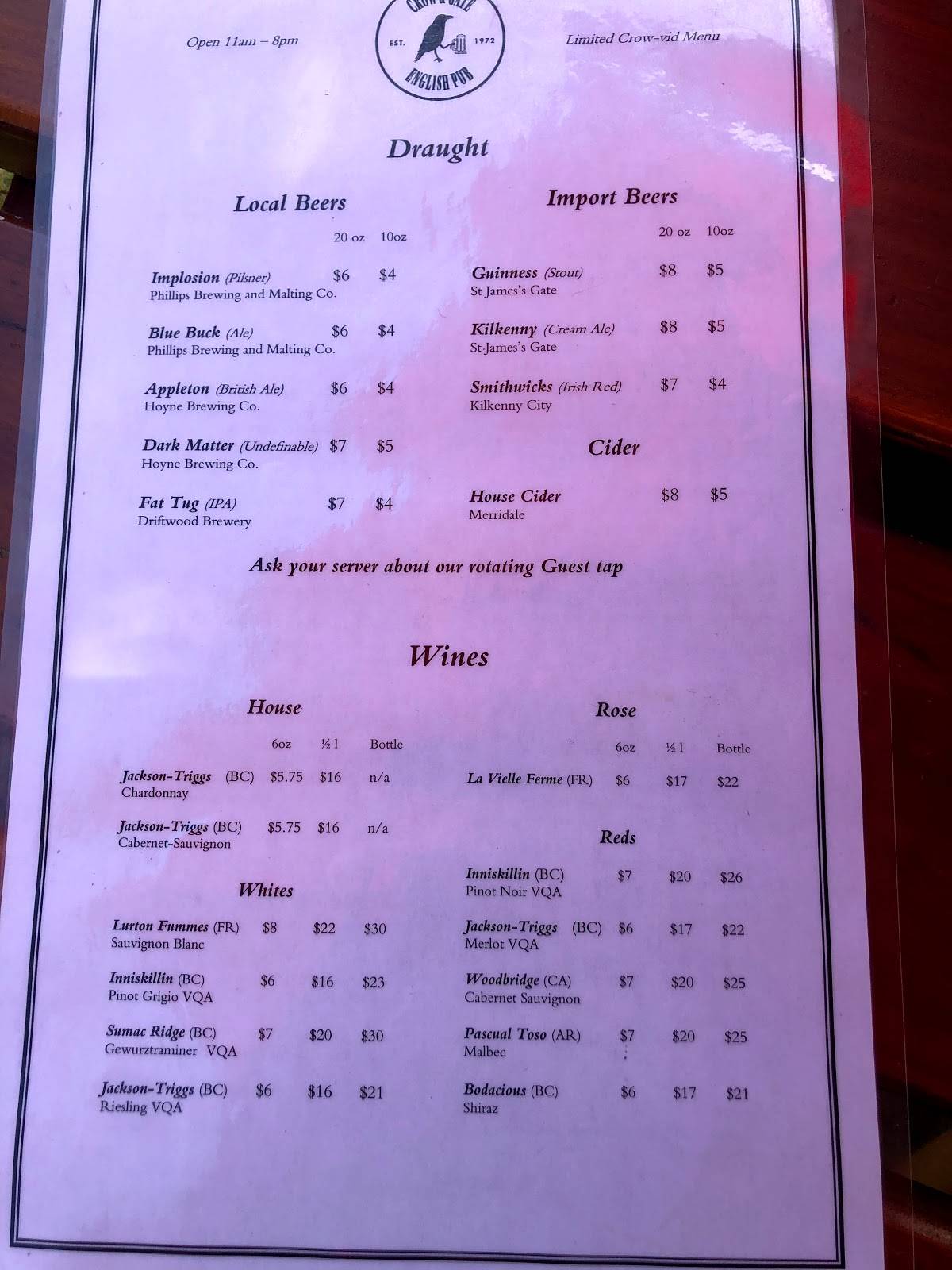 Menu at Crow & Gate Pub, Nanaimo