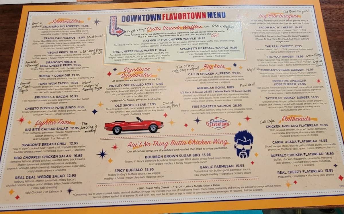 Menu at Downtown Flavortown restaurant, Pigeon Forge
