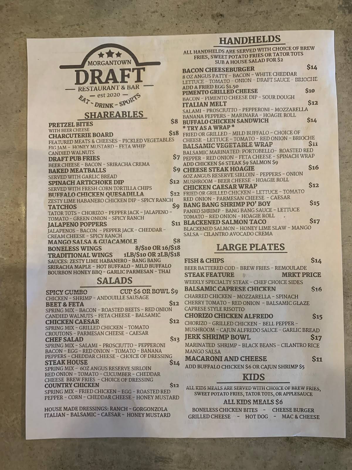 Menu at Draft pub & bar, Morgantown