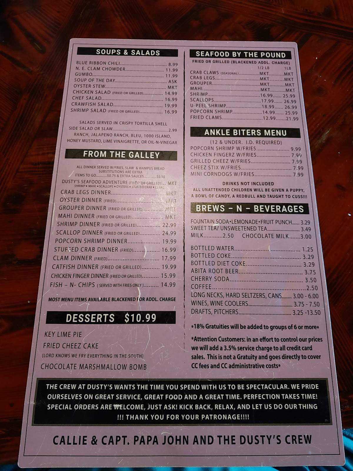 Menu at Dusty's Oyster Bar, Panama City Beach