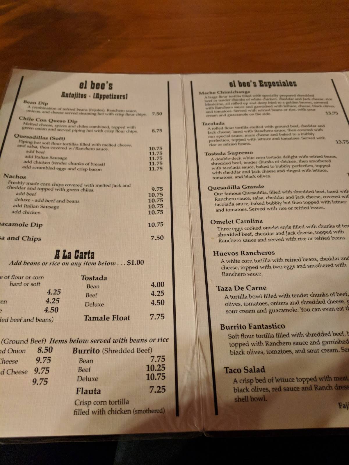 Menu at El Bee's restaurant, Waterloo, N 240th St