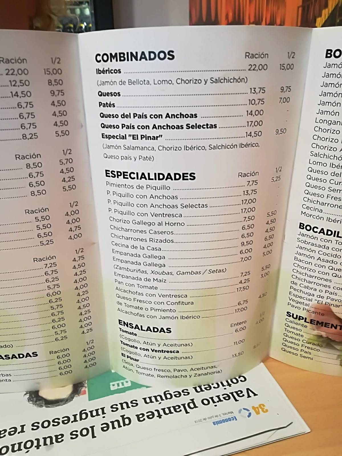 Menu at El Pinar pub & bar, A Coruña, Pl. de Recife