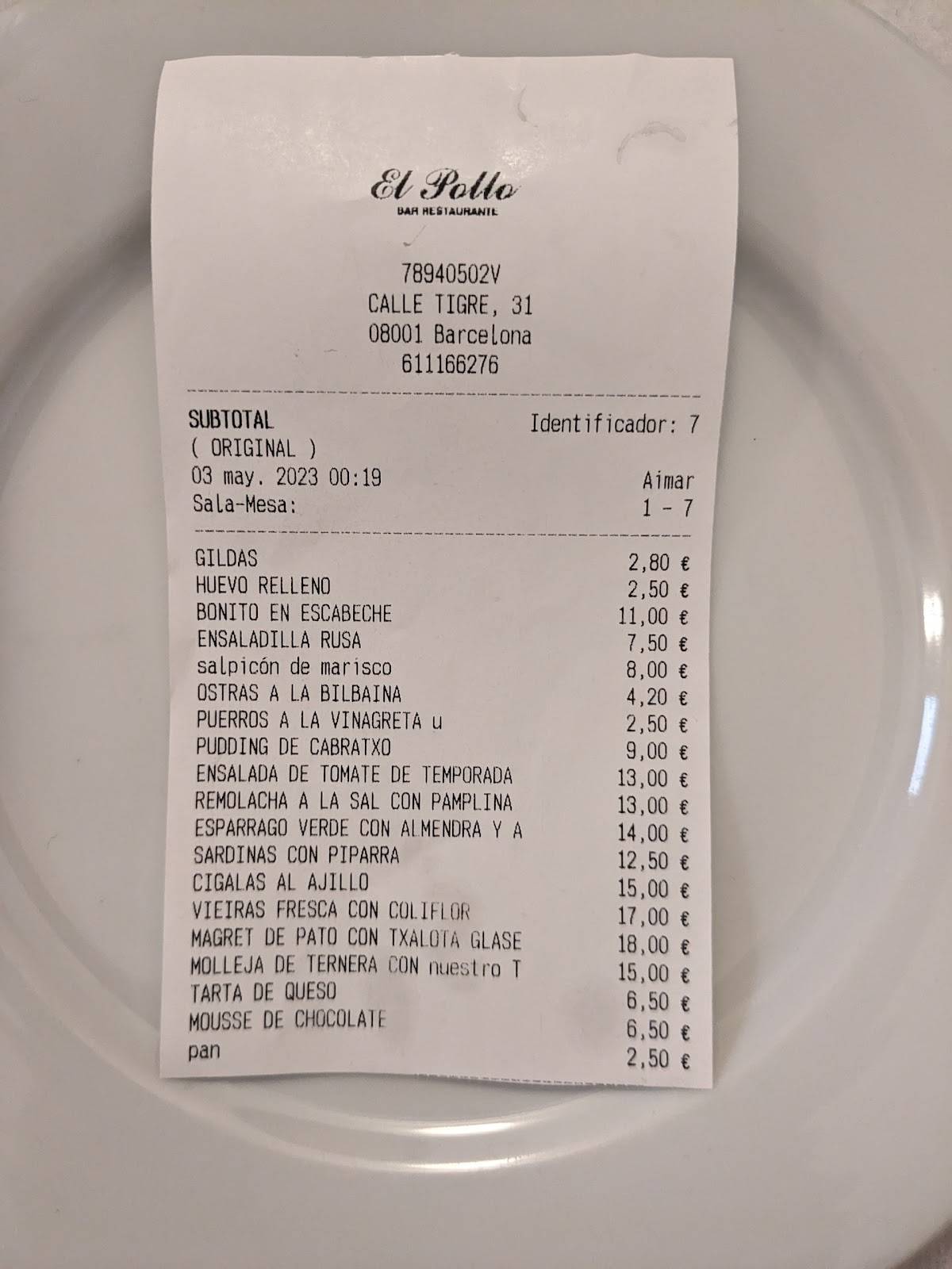 Carta del pub y bar El Pollo, Barcelona, Carrer del Tigre Carta del pub y bar El Pollo, Barcelona, Carrer del Tigre