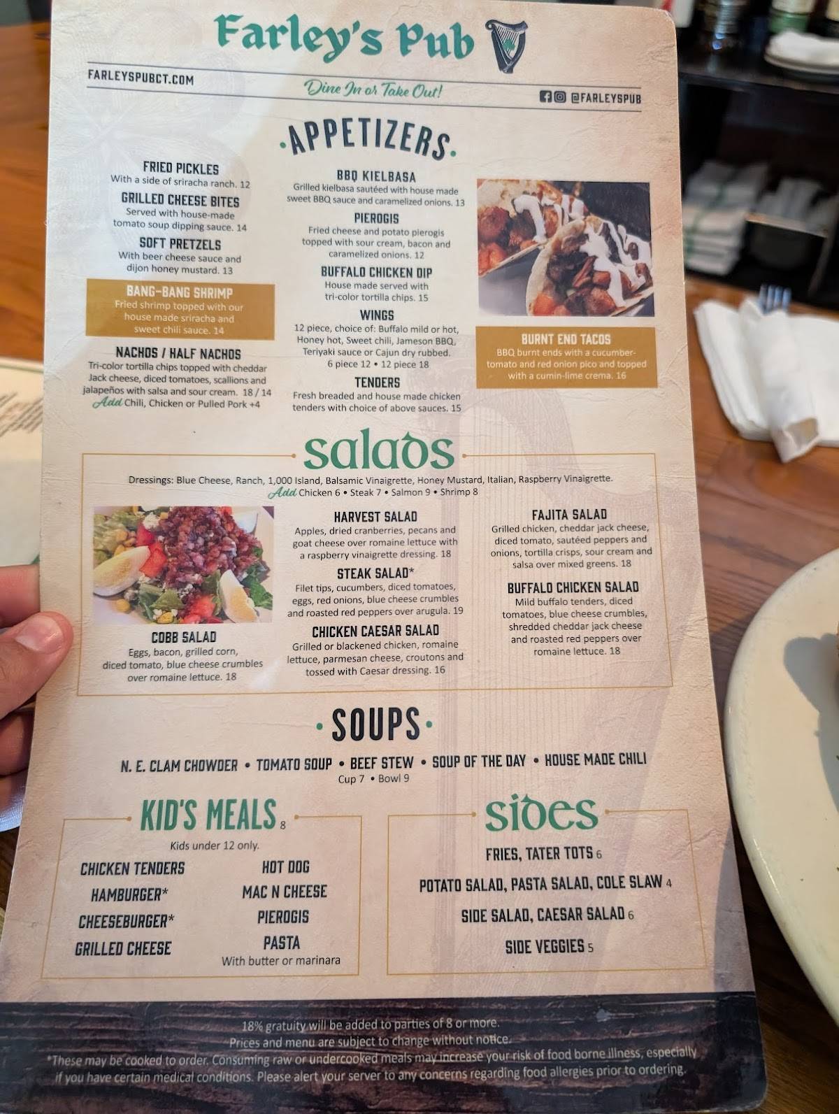Menu at Farley's Pub, Simsbury