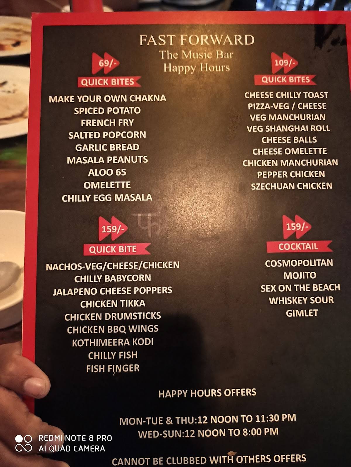 Menu at Fast Forward - The Music Bar, Hyderabad
