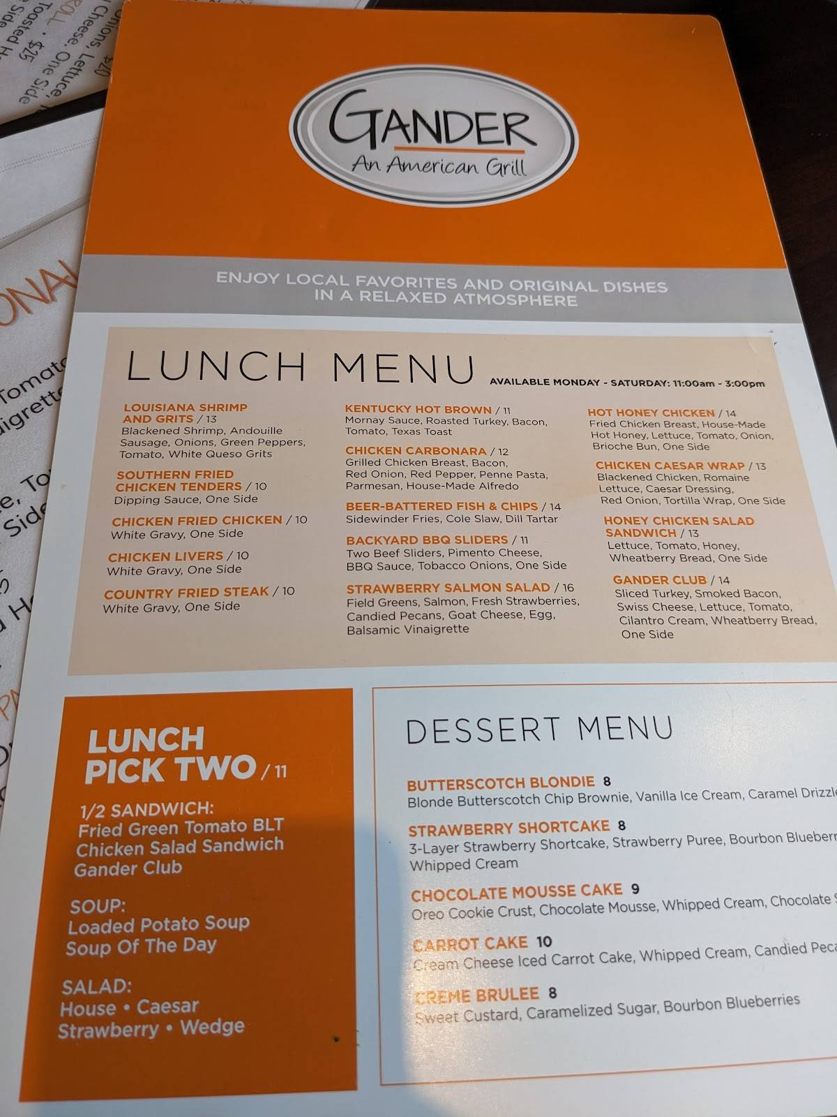 Menu at Gander An American Grill pub & bar, Louisville