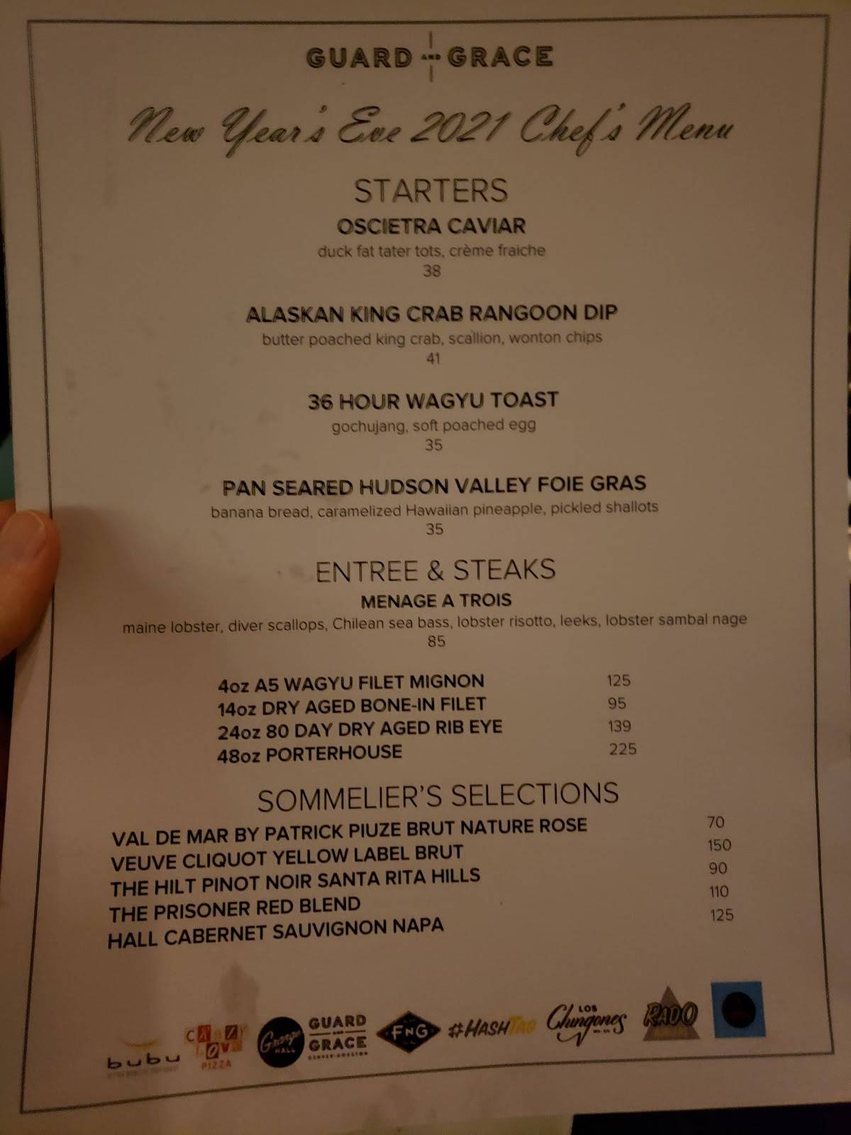Menu at Guard and Grace steakhouse, Denver