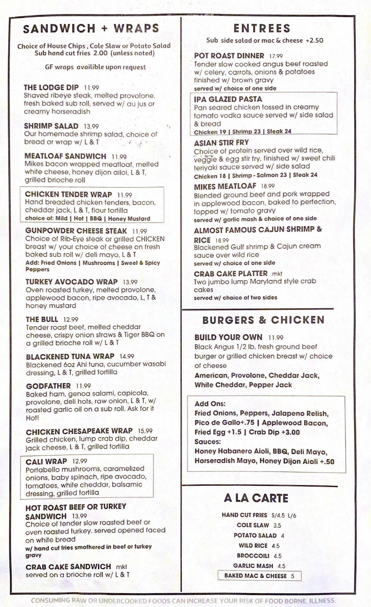 Menu at Gunpowder Lodge pub & bar, Kingsville