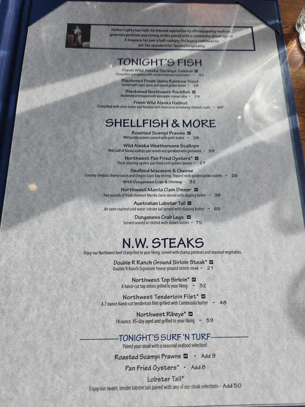 Menu at Harbor Lights restaurant, Tacoma