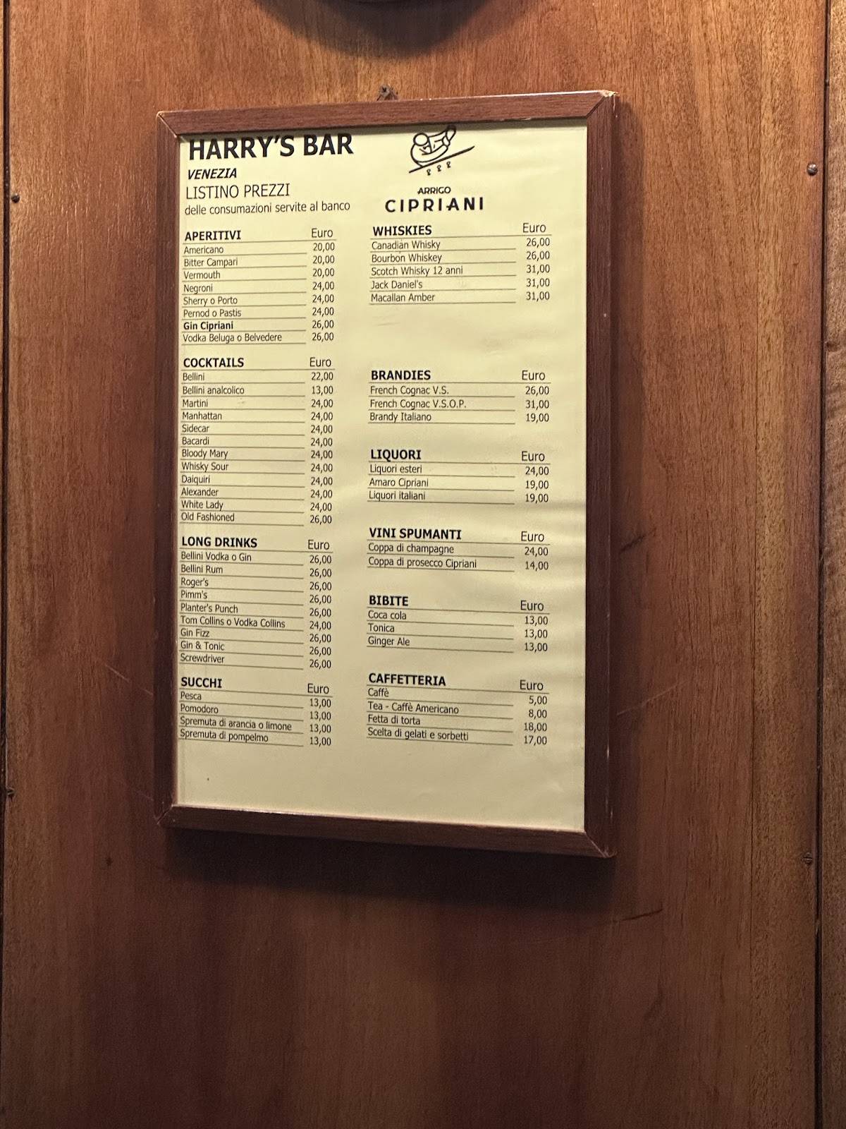 Menu at Harry's Bar, Venice, Calle Vallaresso