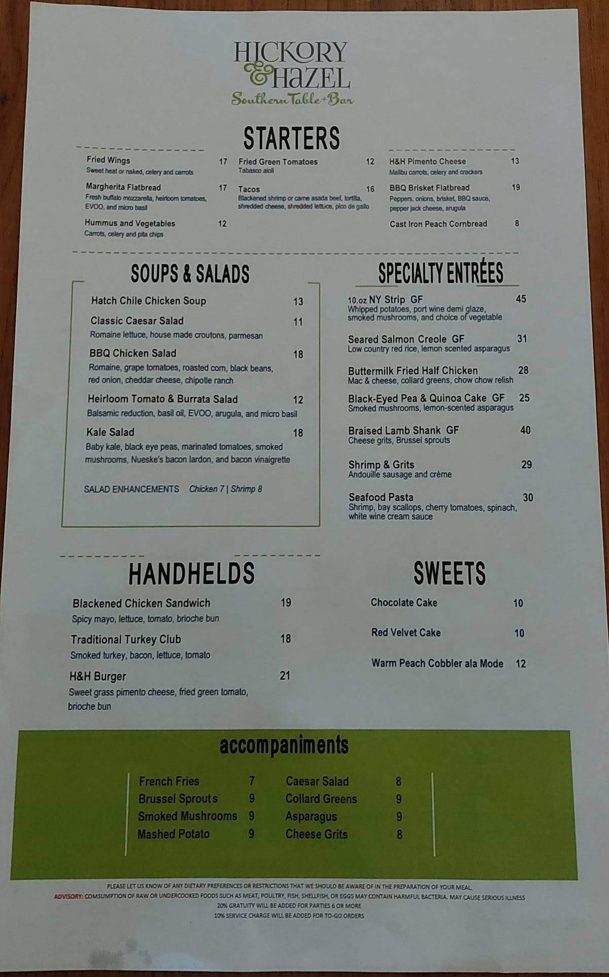 Menu at Hickory and Hazel, Renaissance Hotel pub & bar, Atlanta