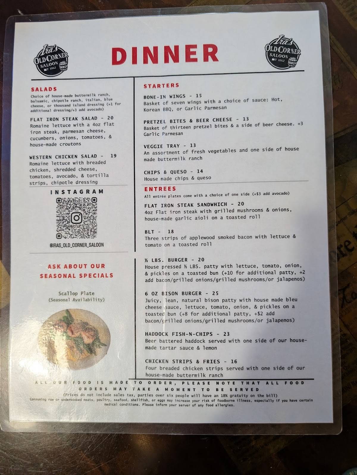 Menu at Ira’s Old Corner Saloon pub & bar, Copperopolis