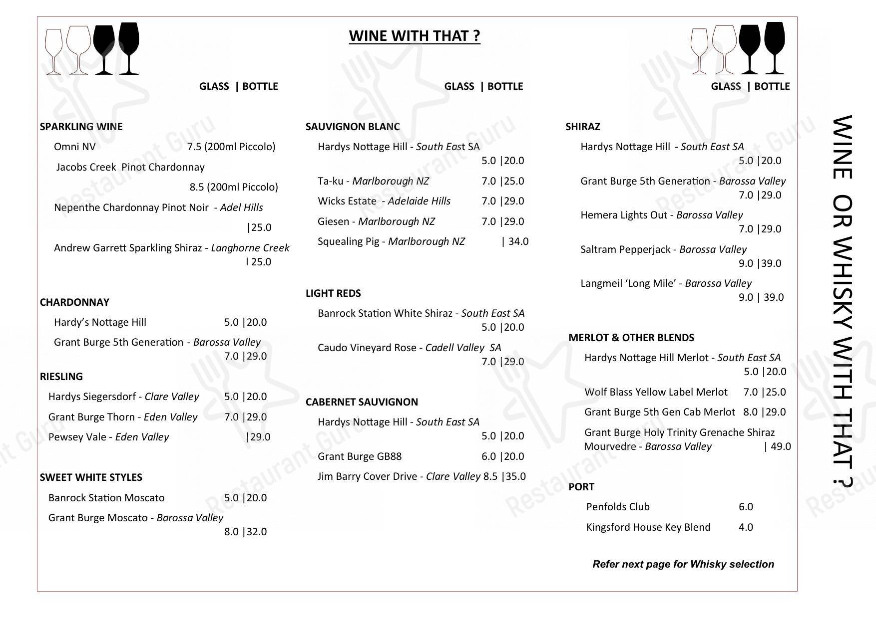 Menu at Kingsford Hotel pub & bar, Gawler, 32 Murray St