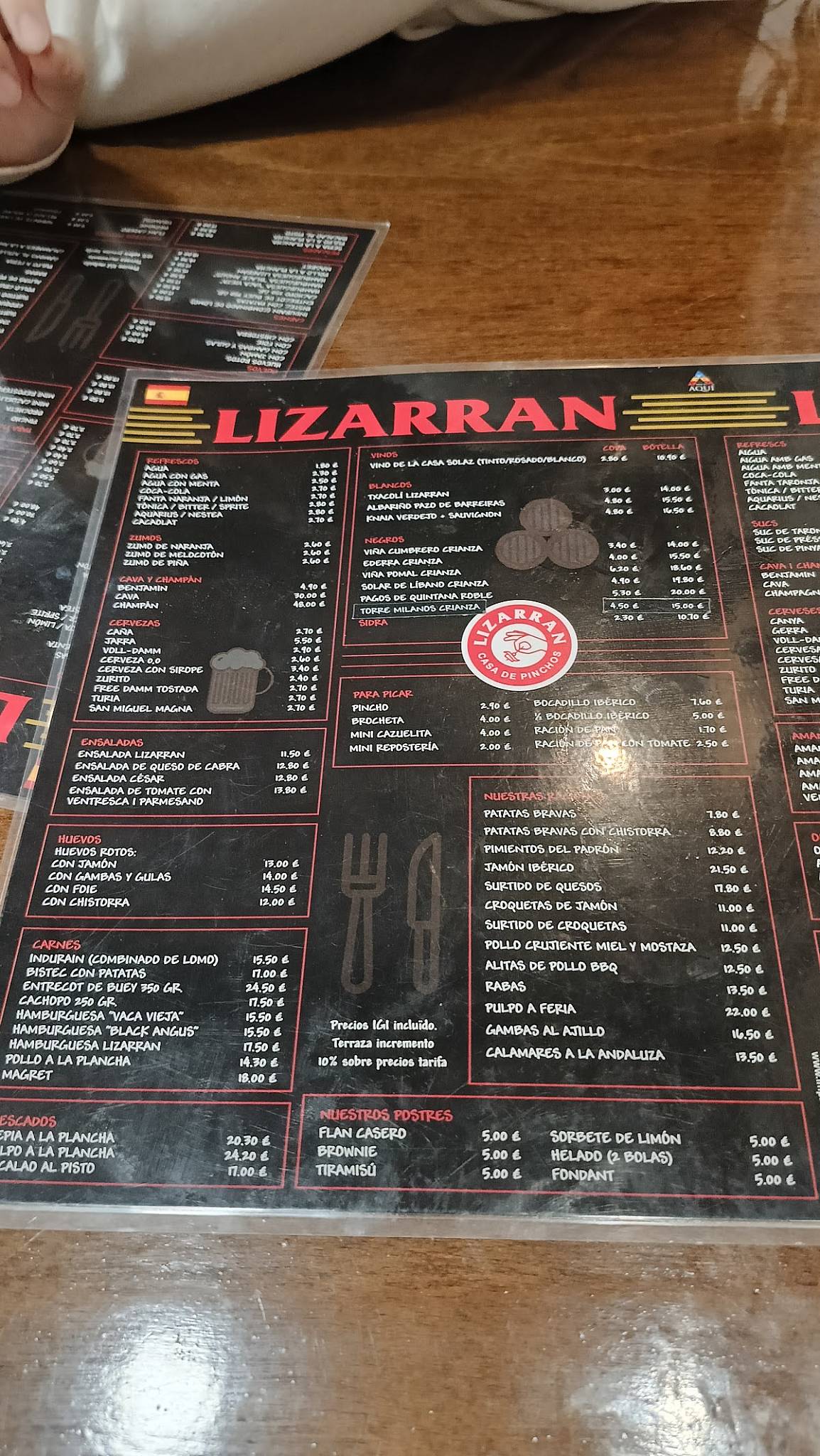 Carta del pub y bar LIZARRAN TABERNA ANDORRA, Andorra la Vieja