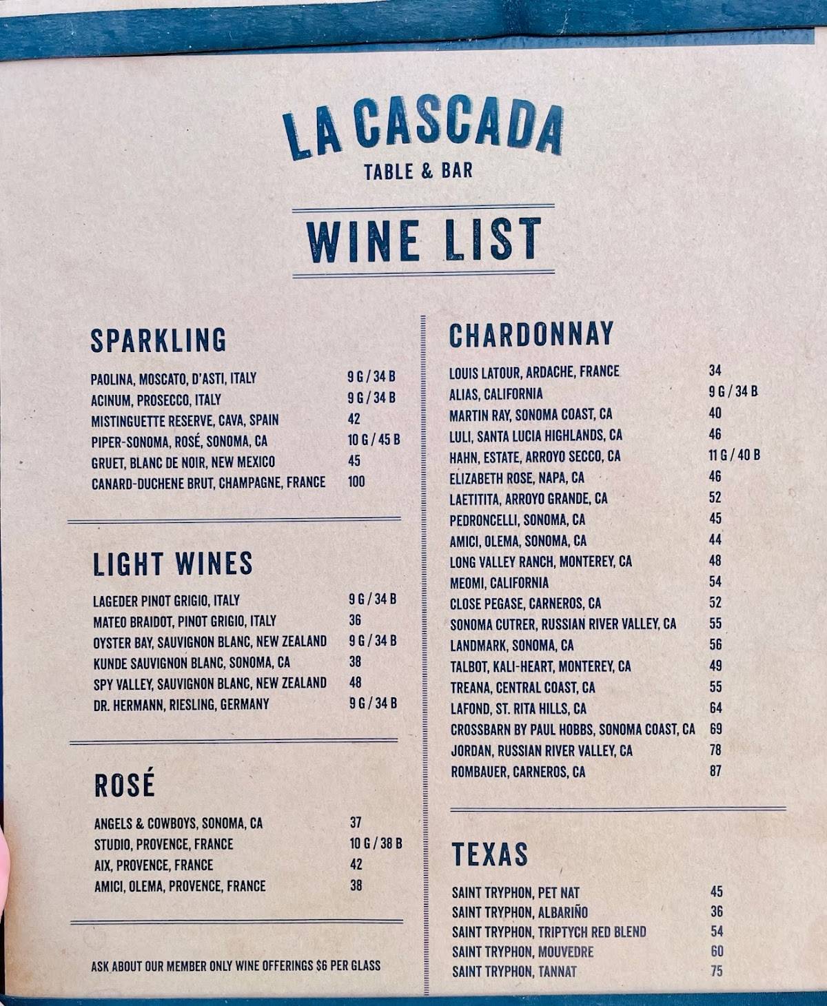 Menu at La Cascada Table & Bar, Boerne