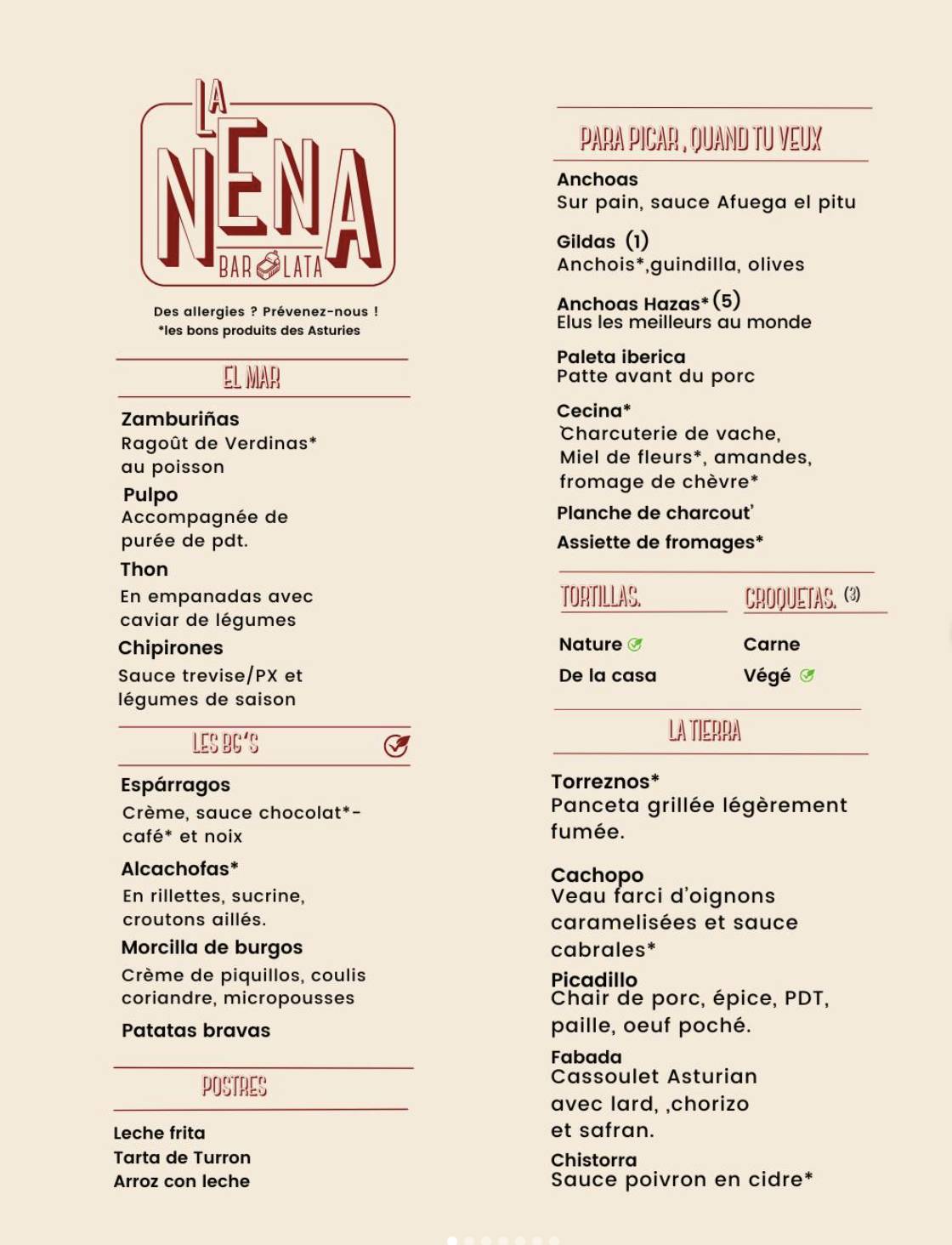 Menu au La Nena - Bar à tapas, Marseille