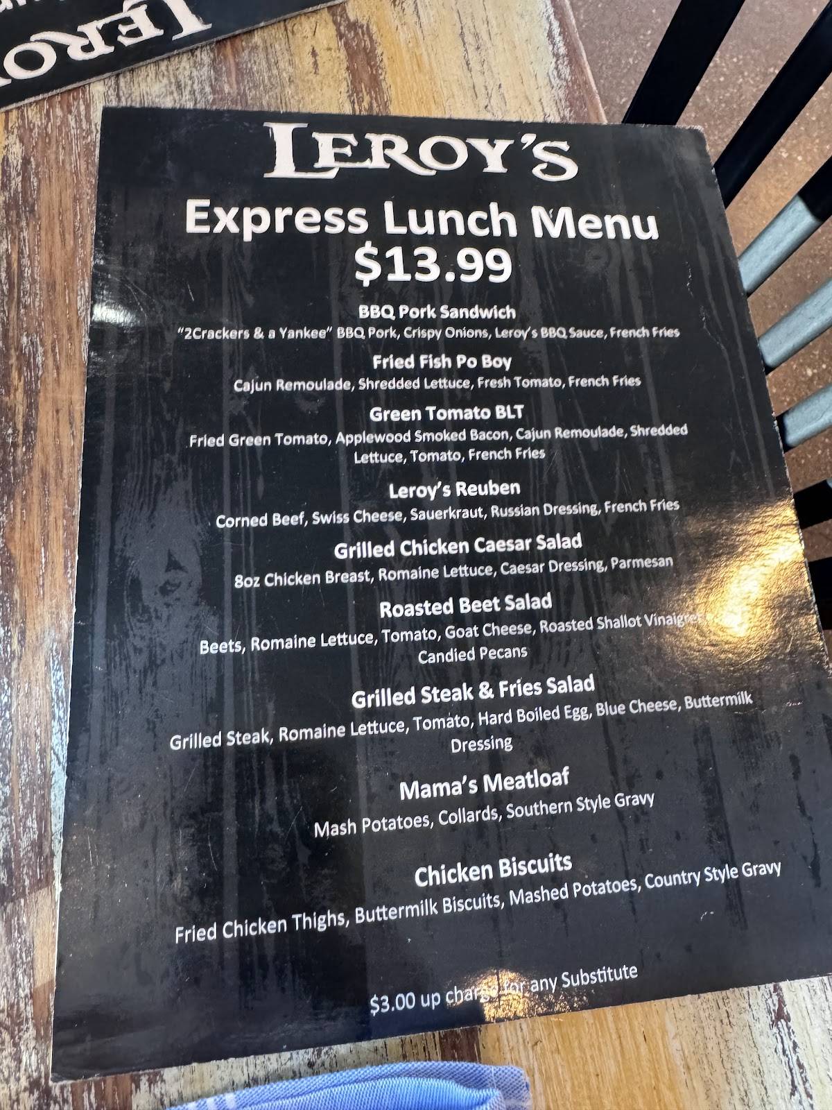 Menu at Leroy's Southern Kitchen & Bar, Punta Gorda
