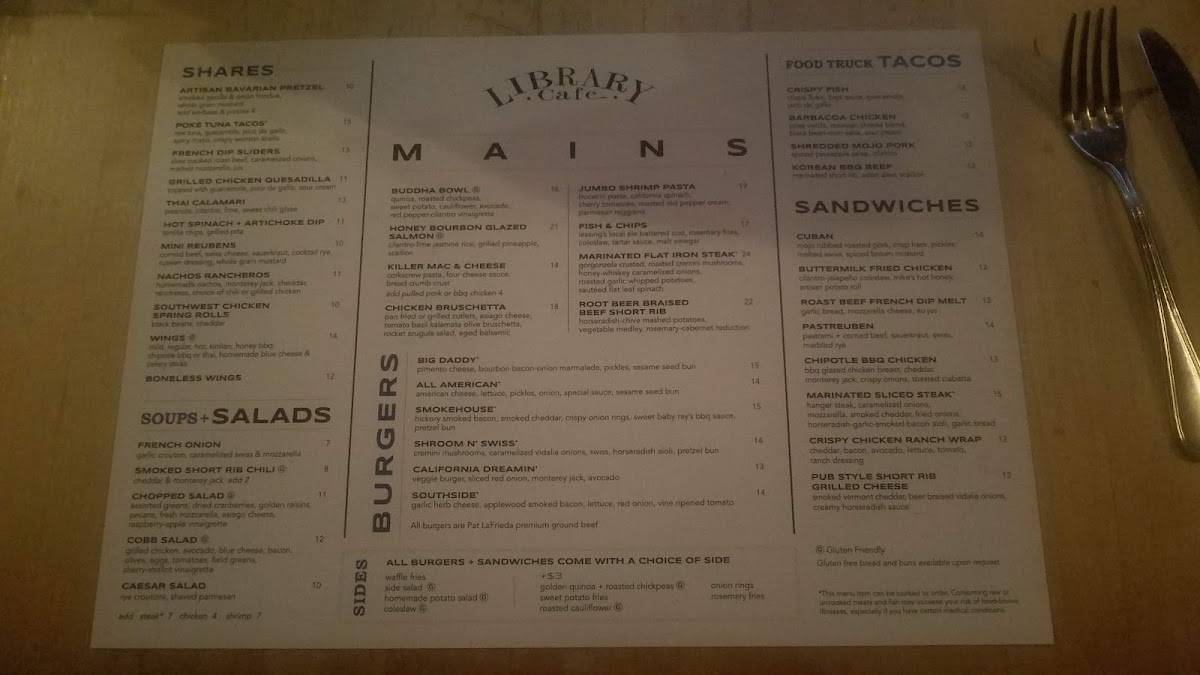 Menu at Library Café pub & bar, Farmingdale