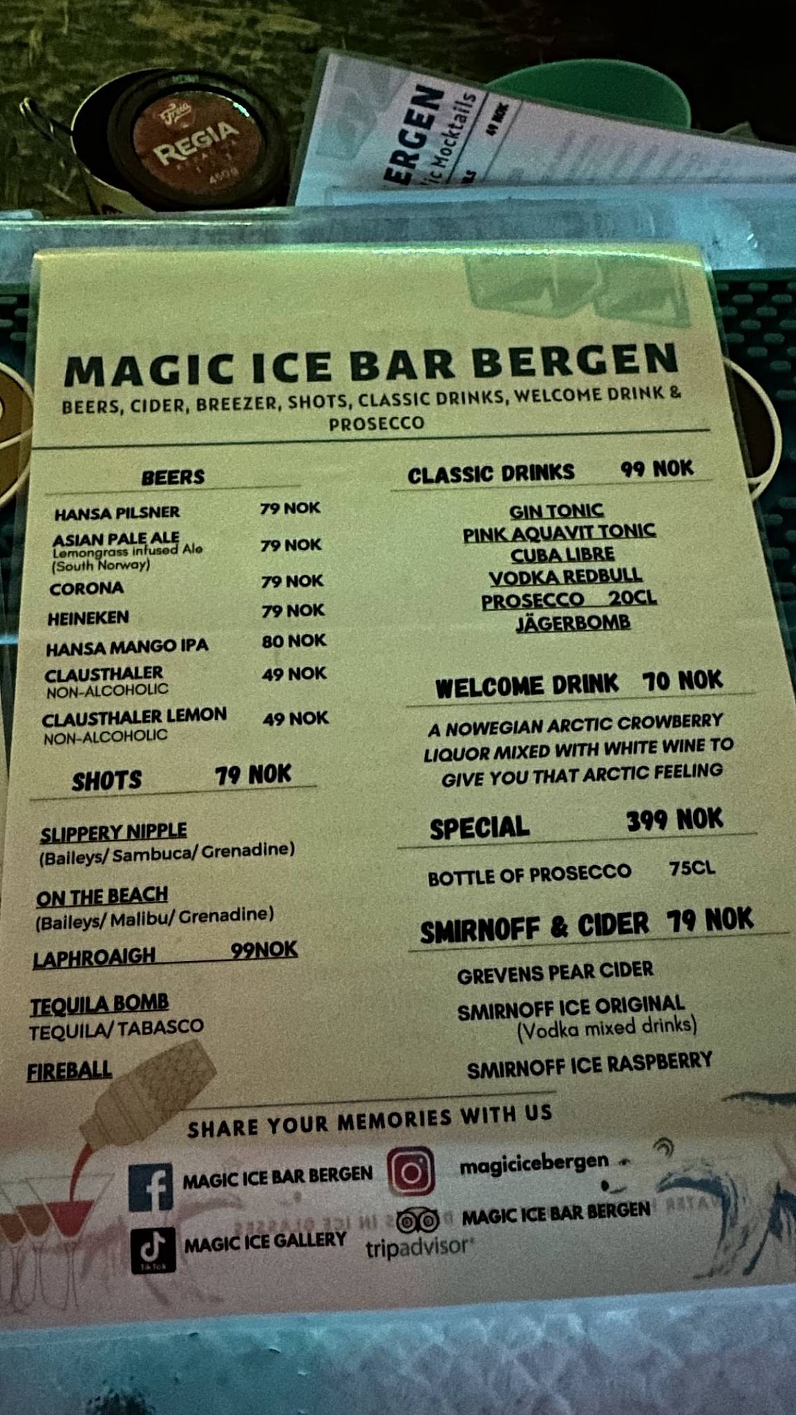 Menu at Magic Ice Bar, Bergen
