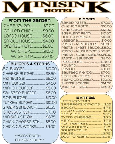 Menu at Minisink Hotel pub & bar, Minisink Hills
