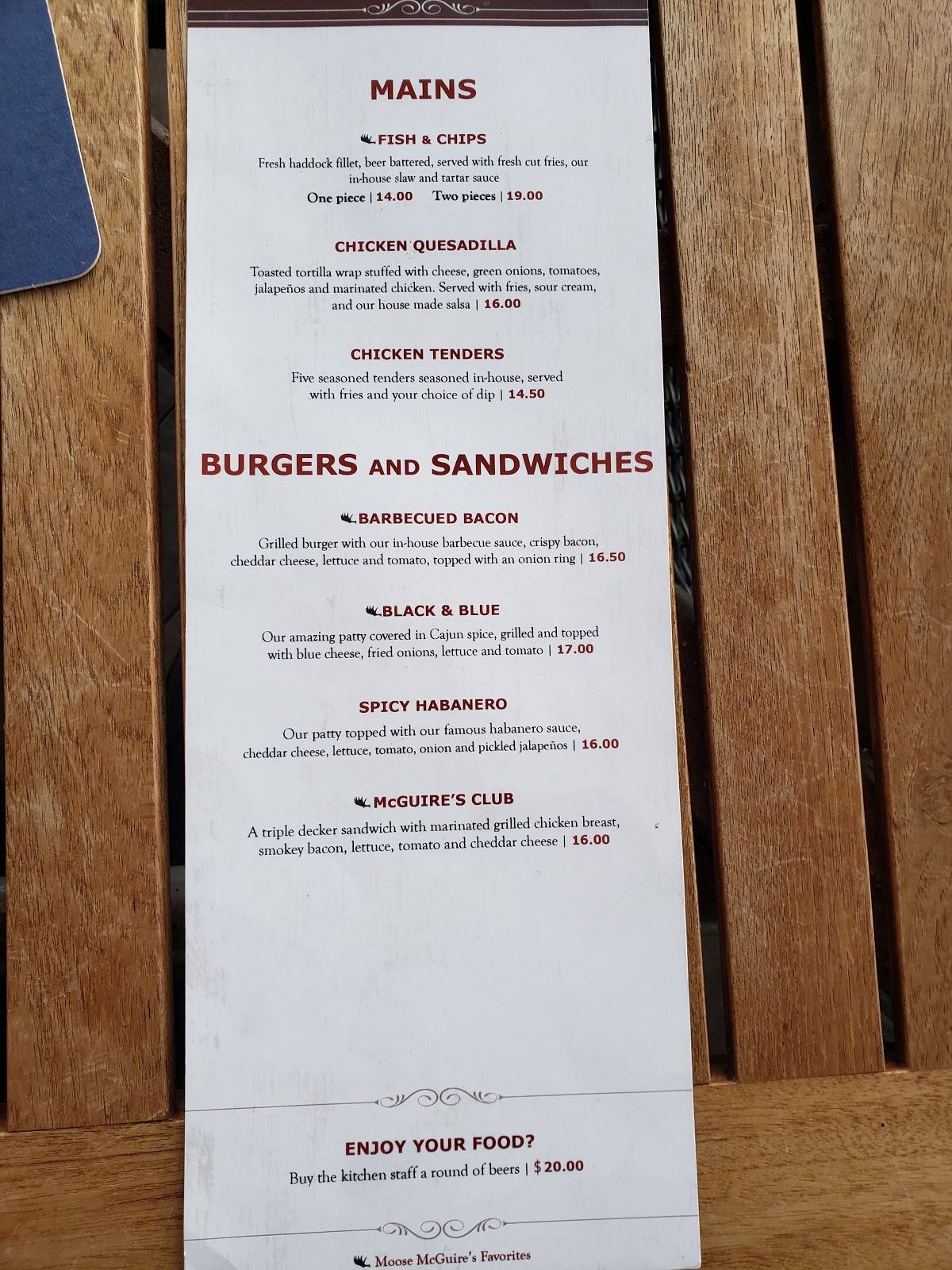 Menu at Moose McGuire's Brockville pub & bar, Brockville