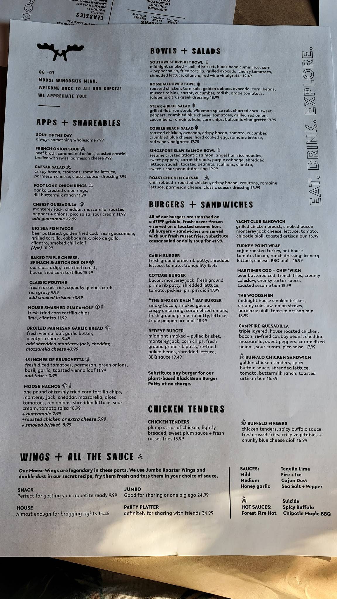 Menu at Moose Winooski's pub & bar, Kitchener