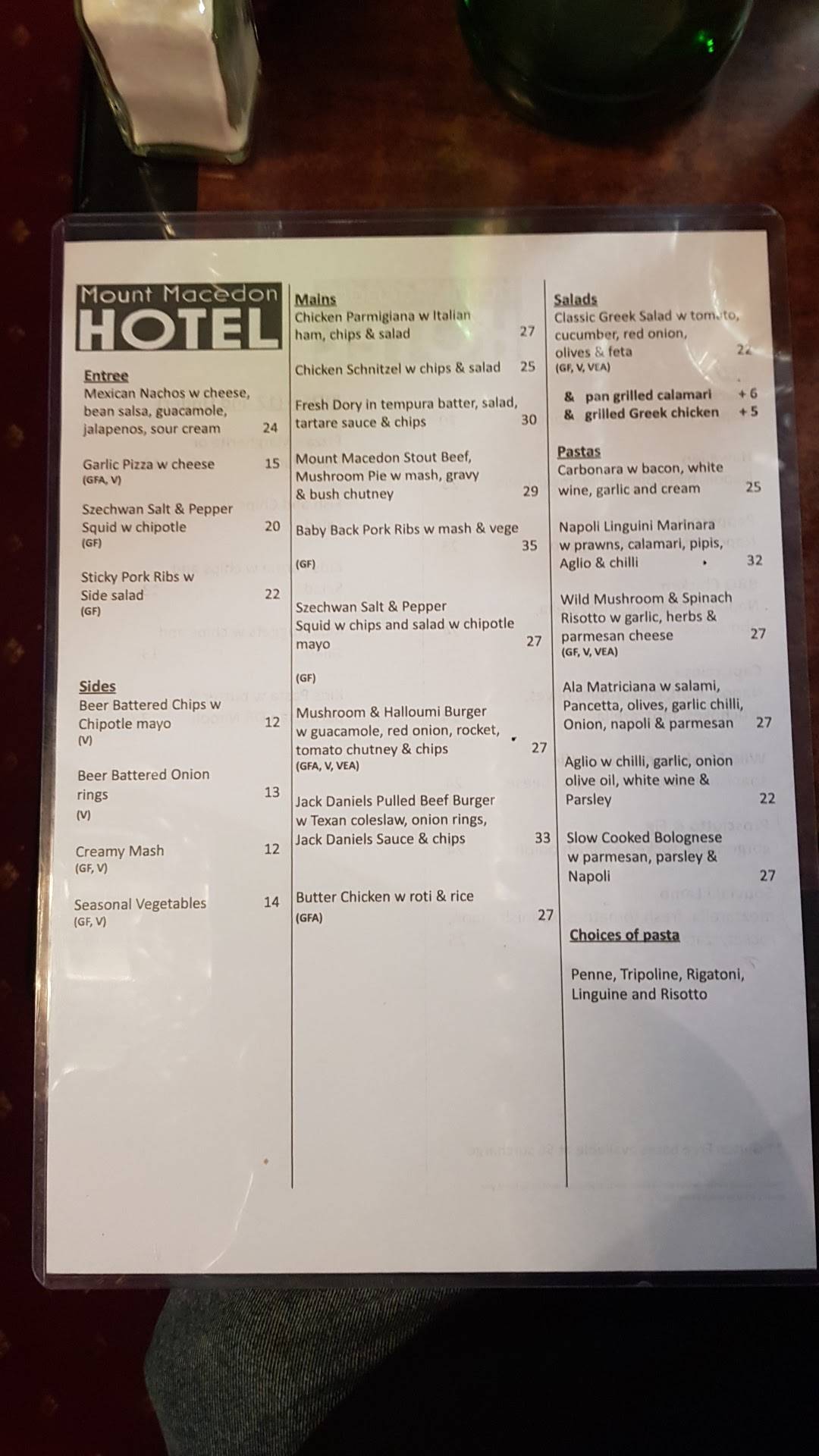 Menu at Mount Macedon Hotel pub & bar, Mount Macedon