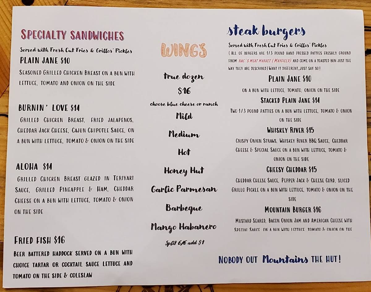 Menu at Mountain Hut pub & bar, USA