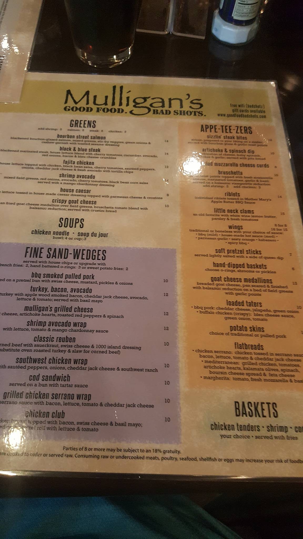 Menu at Mulligan's Restaurant, Cheboygan